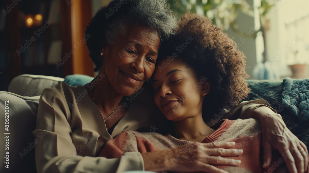 An elderly mother hugs her adult daughter, the joy of meeting after ...