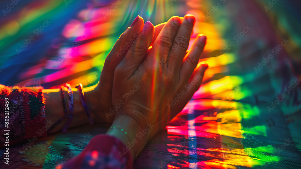 Rainbow light spectrum on hands in prayer pose. Close-up of a person's ...