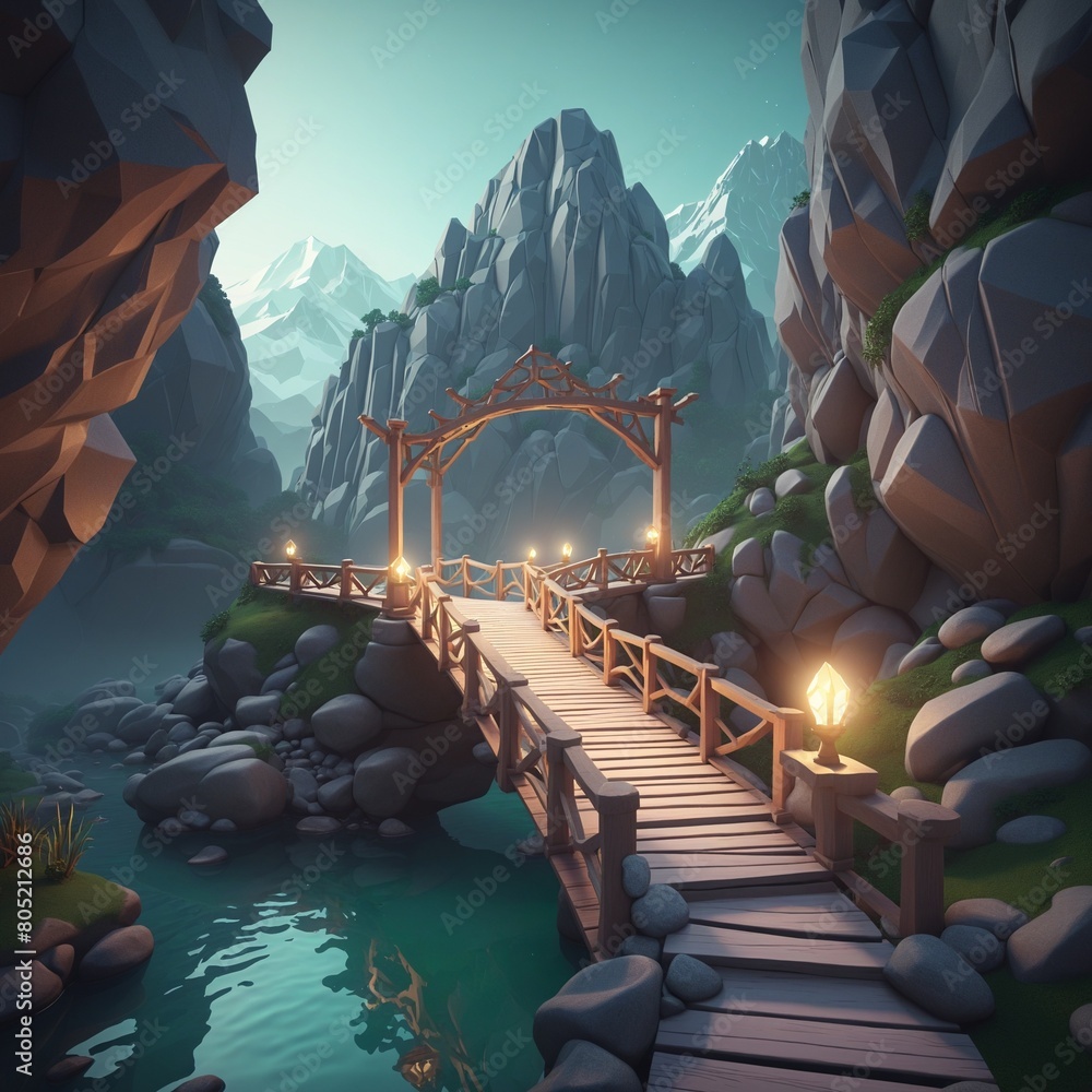 3d illustration of low poly mystical bridge to a tower Stock ...