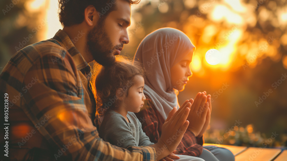 Family prayer time at sunset. Family, father with two young children ...