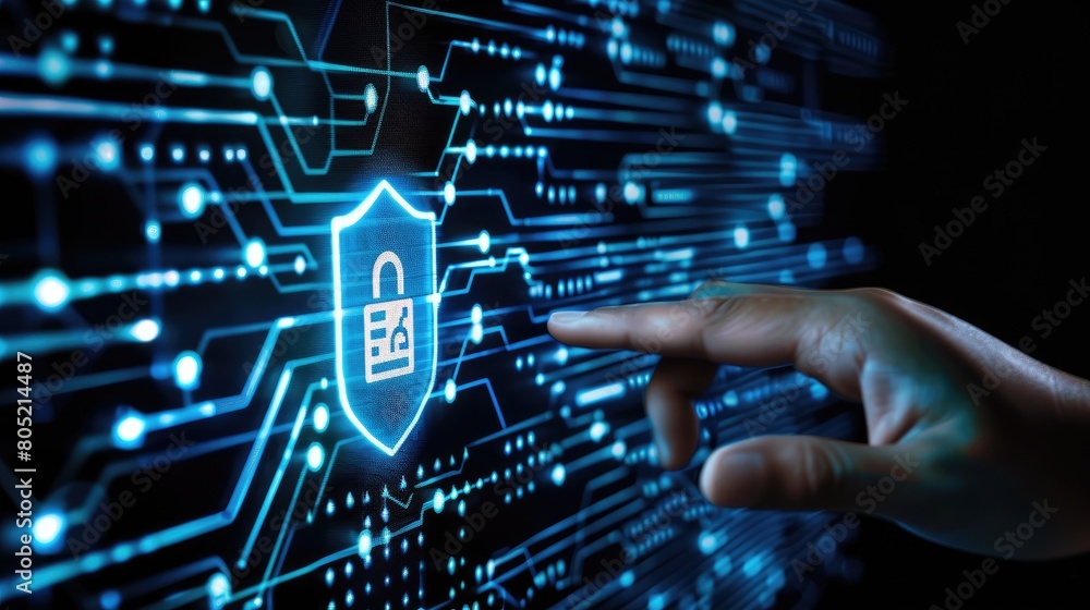 Hand touching digital shield with binary code and dark blue background ...