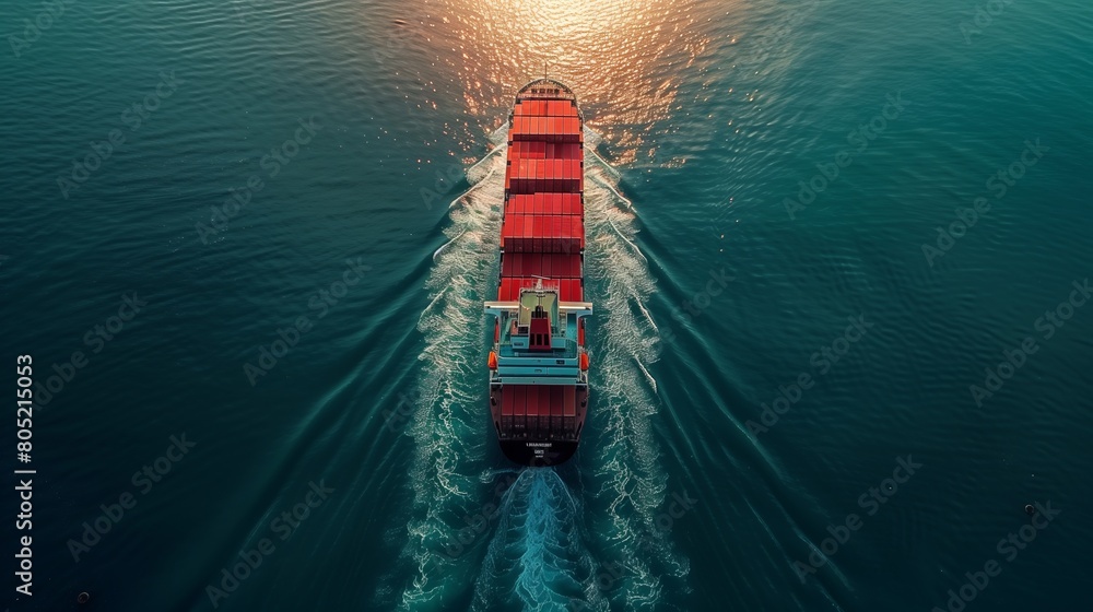 Aerial view of a cargo ship with a counter rail in the ocean, carrying ...