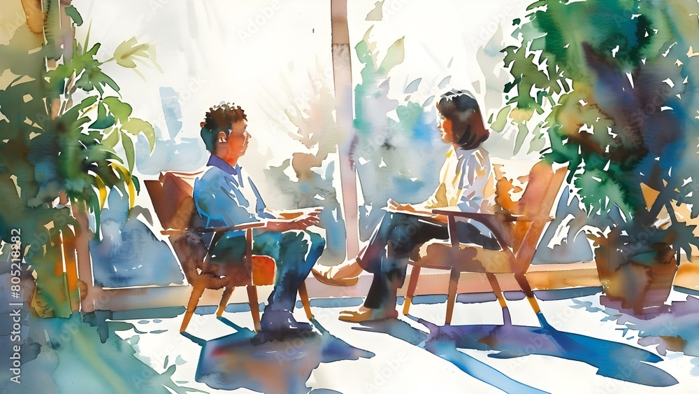 Watercolor painting of two people in therapy session discussing mental ...