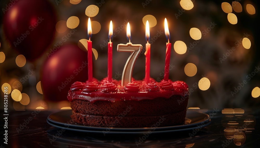 Number 7 candle on festive cake with balloons and decorations on ...