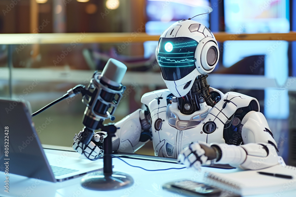 Humanoid AI robot working at the radio station studio, artificial ...
