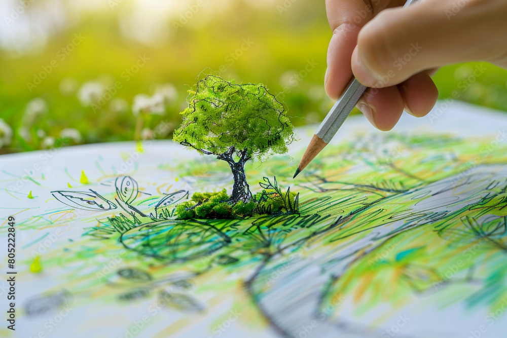 Hand drawing a vibrant mind map on eco-friendly paper, linking ...