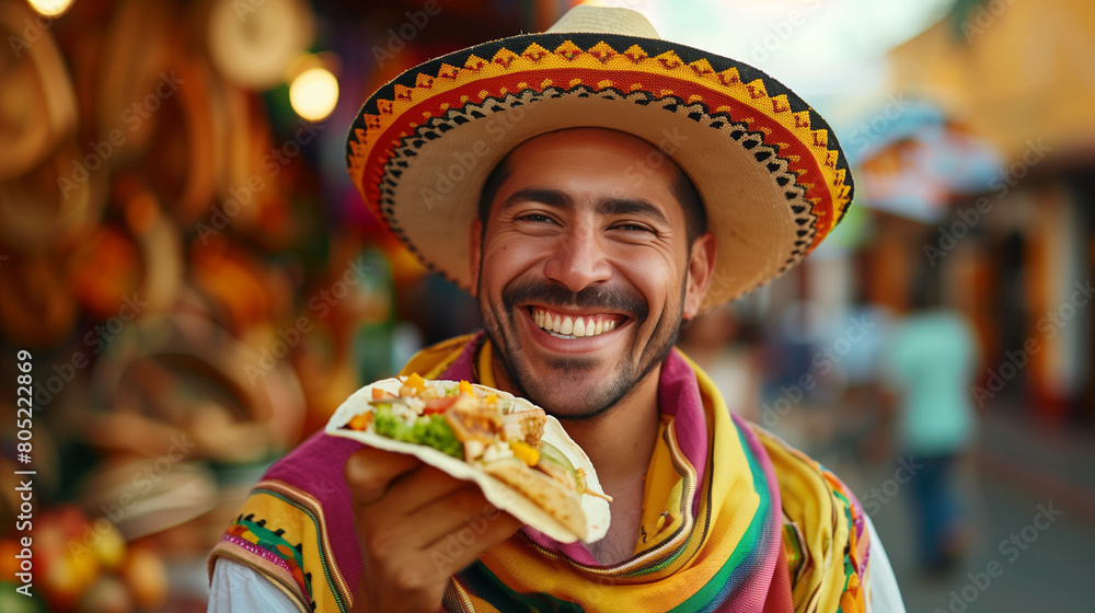 Joyful Mexican man in traditional attire holding a taco, with a vibrant ...