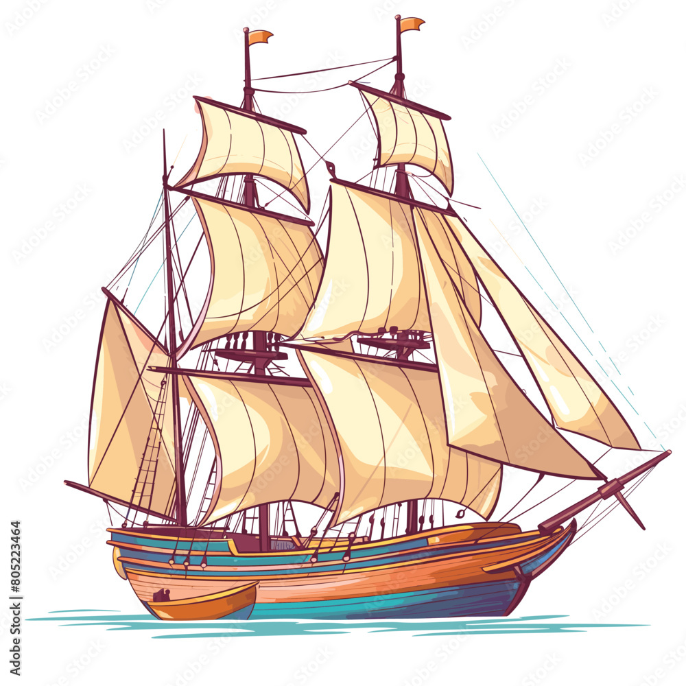 Sailing ship illustration, tall ship large sails, marine vessel drawing ...