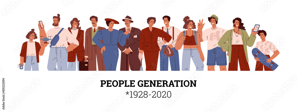 People generations 1928-2020 vector illustration, characters of Silent ...