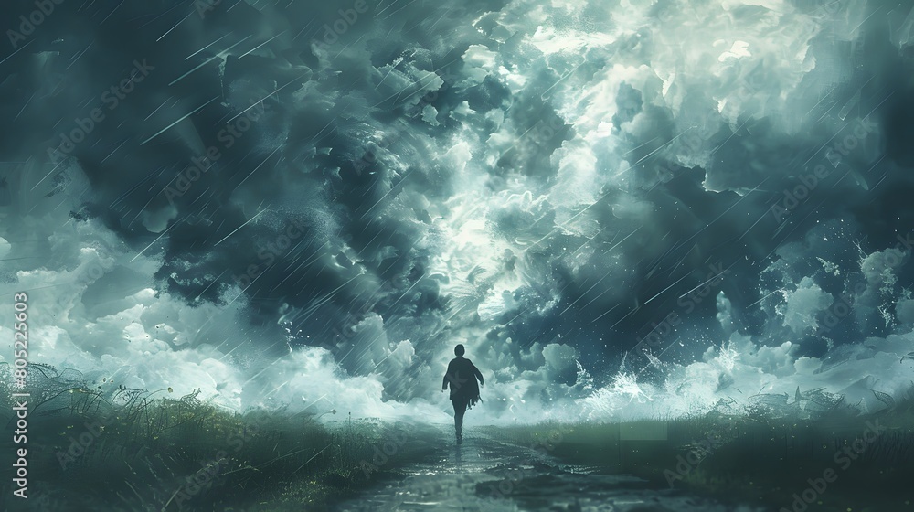 Dramatic digital artwork depicting a lone figure silhouetted against a ...