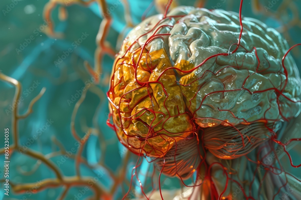 anatomical illustration, the brain, cranial nerves, and vascular system ...