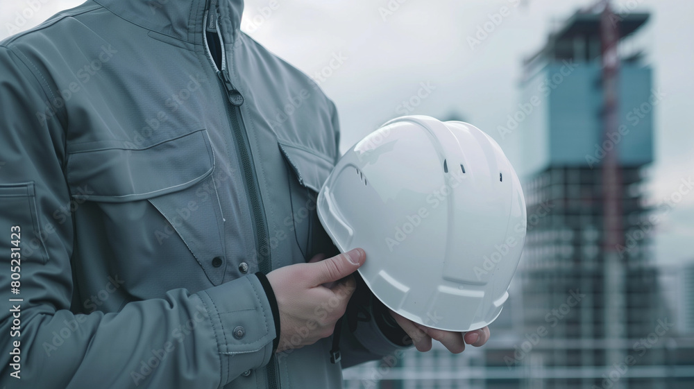 engineer holding white helmet on blurred construction building ...