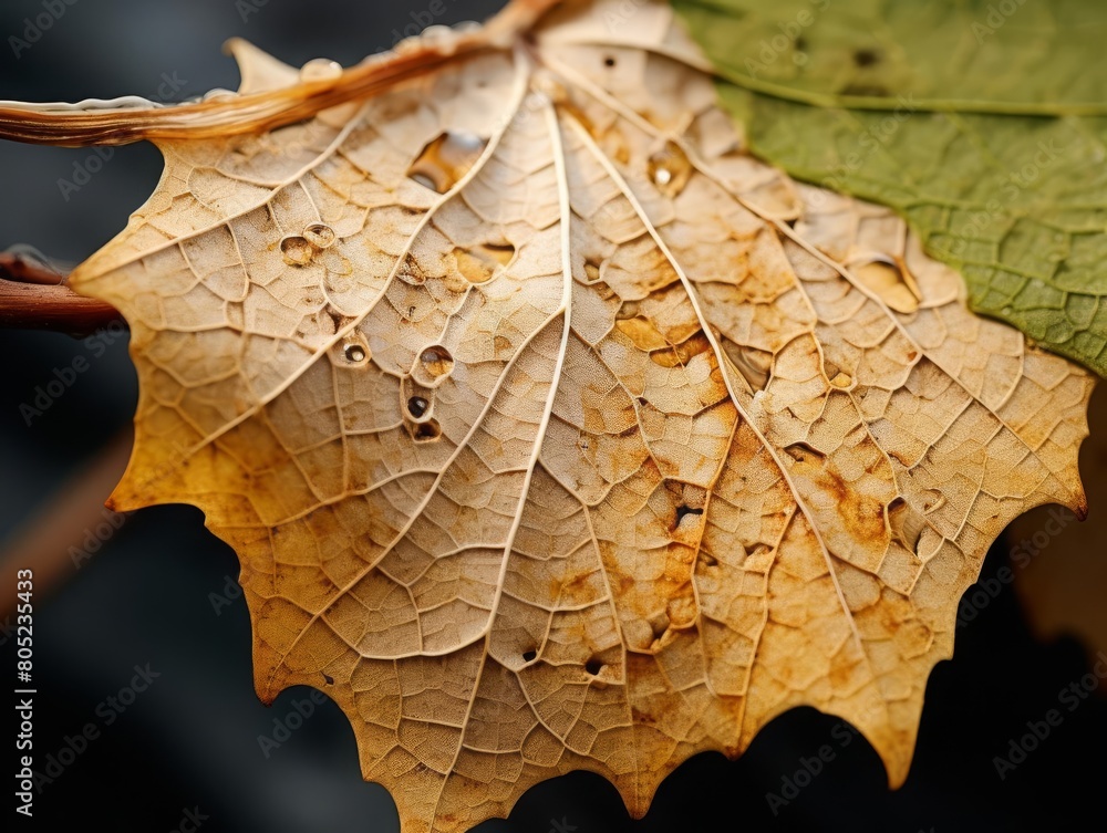 Macro photography of a grapevine leaf with botrytis blight, showcasing ...