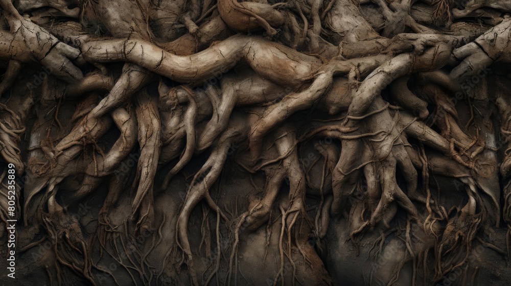 Detailed shot of tree roots affected by root rot, showing blackened ...