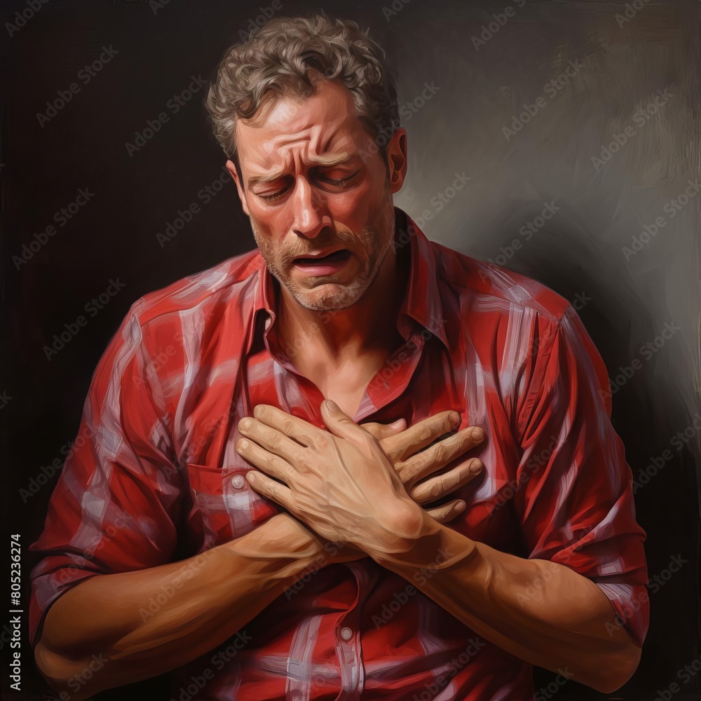 An individual holding their chest in distress, a potential sign of ...