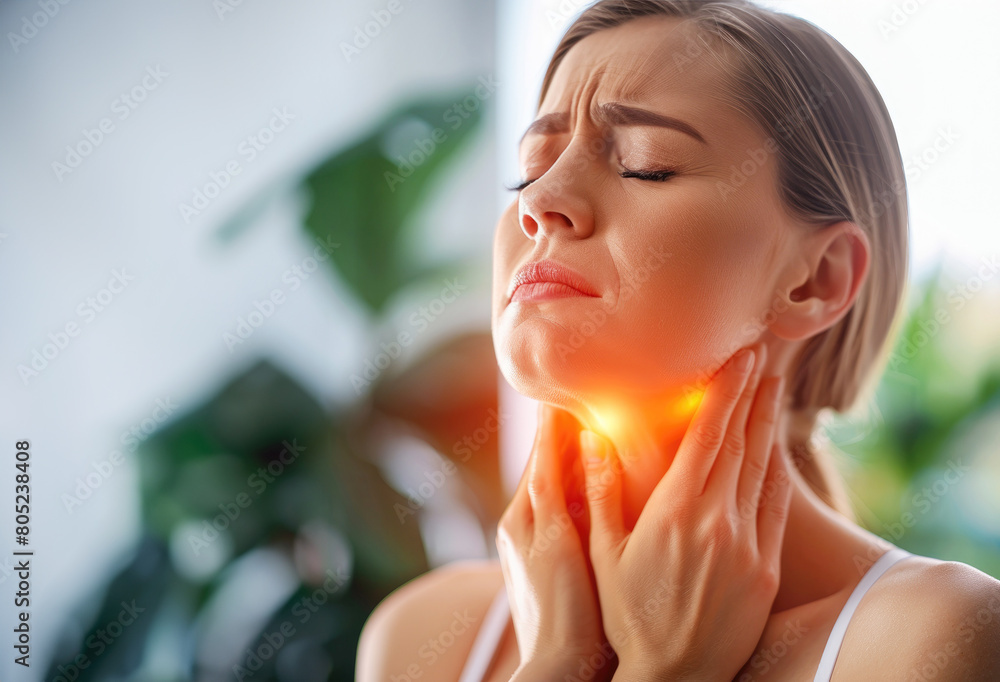 Throat pain. Young woman touching painful neck touching painful neck ...