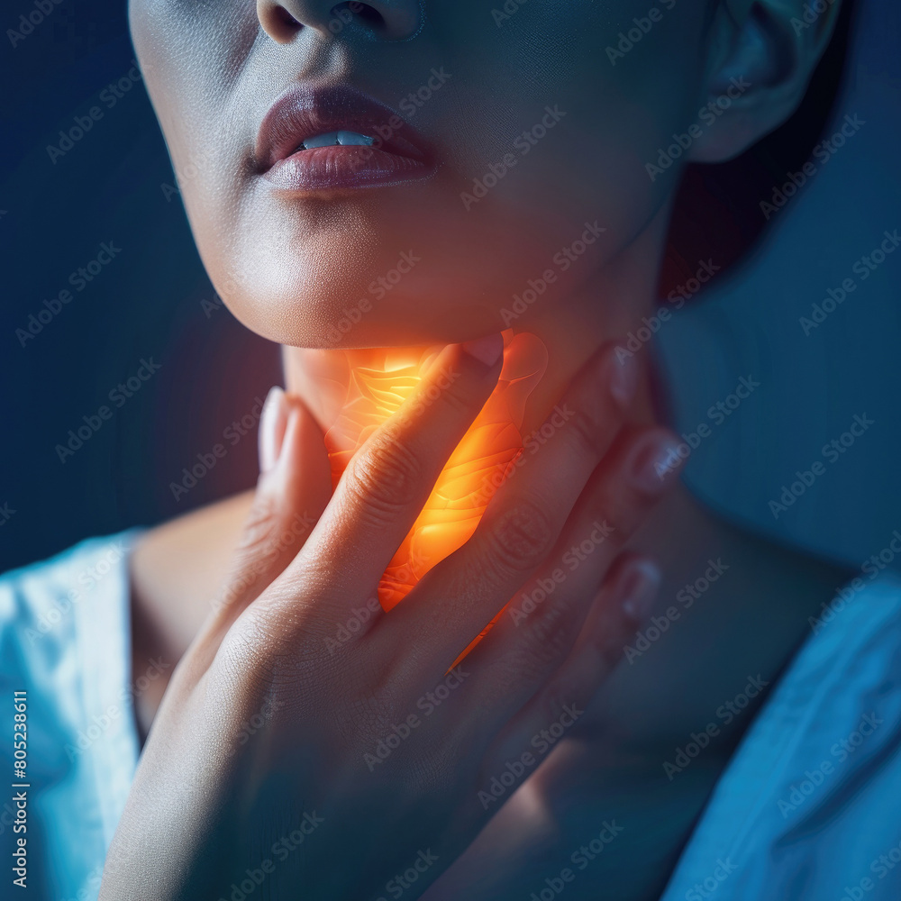Throat pain. Young woman touching painful neck touching painful neck ...