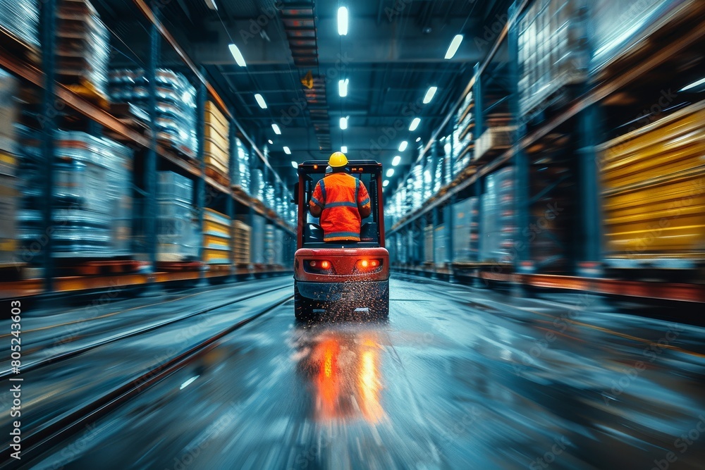 The dynamic scene captures a warehouse worker dedicatedly operating a ...