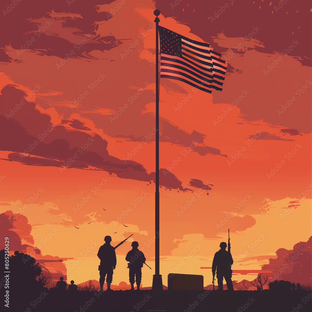 Illustration of a lone soldier kneeling before a battlefield cross ...