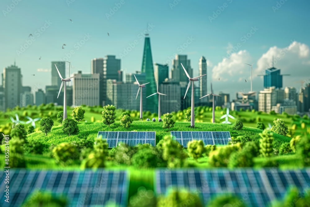 A modern city skyline powered by eco-friendly electricity sources like ...