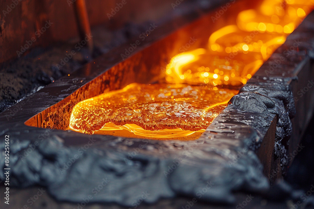 Molten steels radiant pour into a mold, up close, embodying the fiery ...