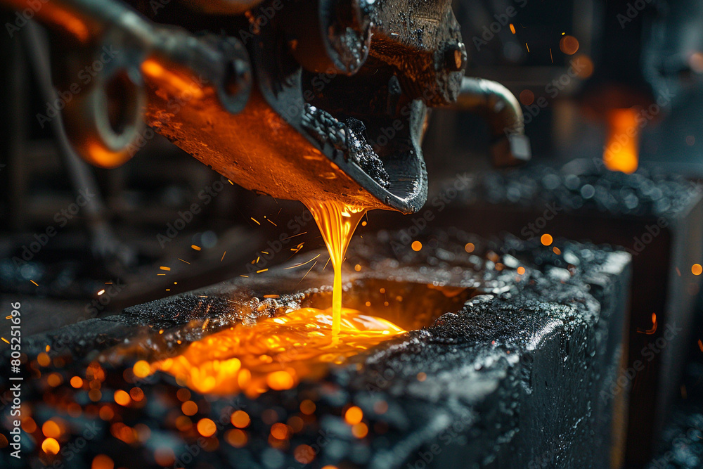 Molten steels radiant pour into a mold, up close, embodying the fiery ...