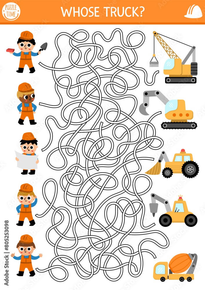 Construction site maze for kids with workers and their trucks. Building ...