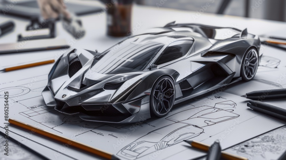 A detailed conceptual drawing of a futuristic sports car on paper ...