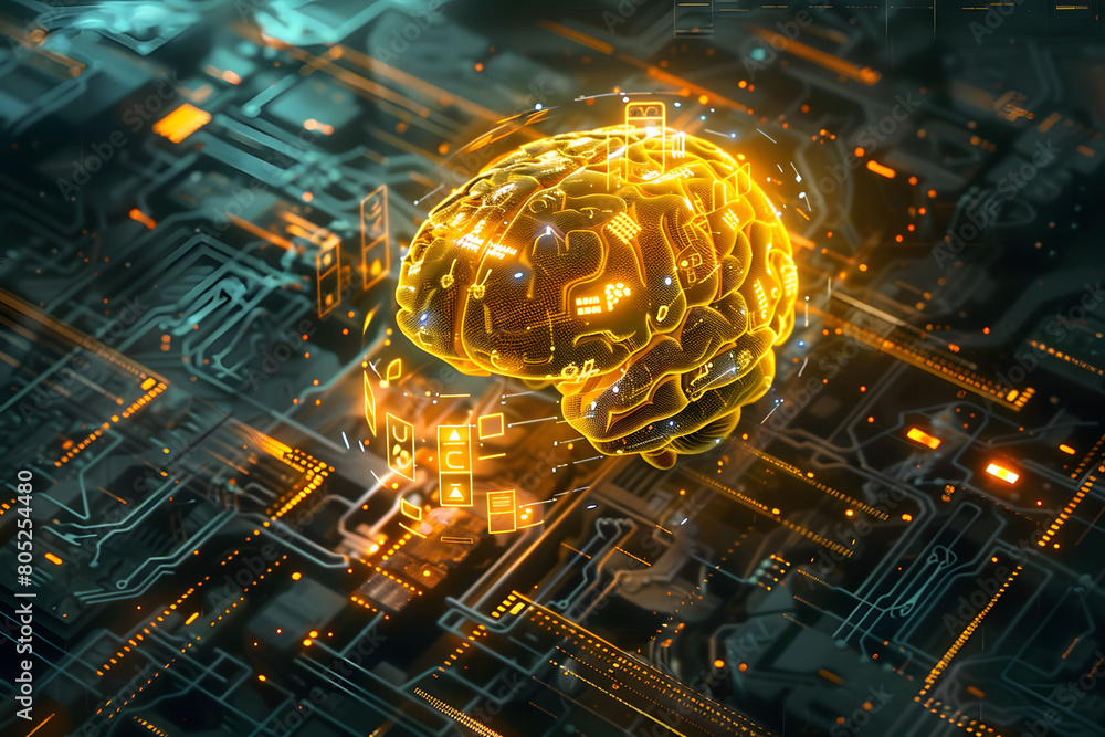 Golden science background. AI brain algorithms, machine learning ...