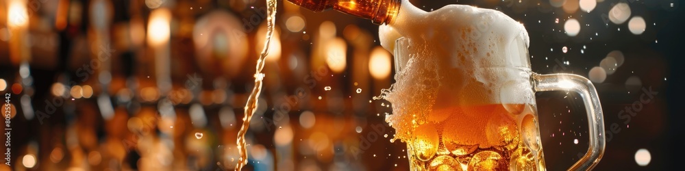 refreshing pour of frothy golden beer into a clear mug, highlighted by ...