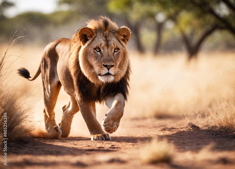 A majestic male lion, the embodiment of raw power and strength, prowls ...