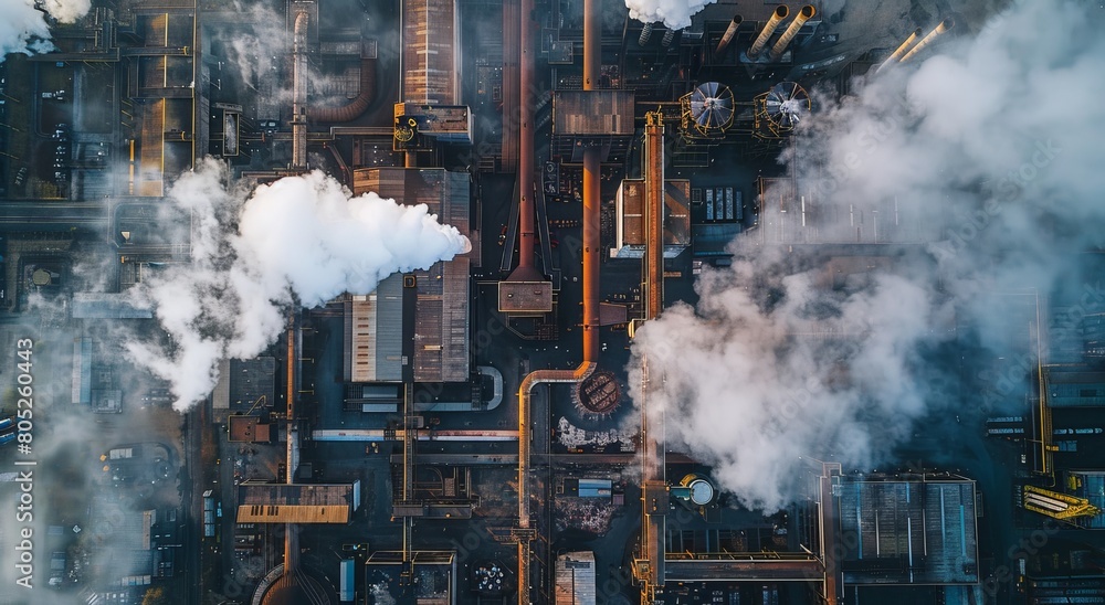 Aerial drone view of an industrial steel plant with smoke rising from ...