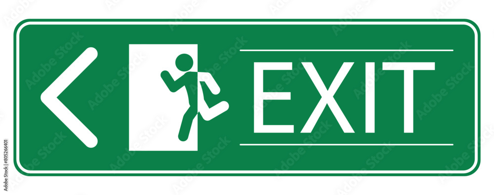 Isolated label sign emergency exit with running man pictogram in green ...
