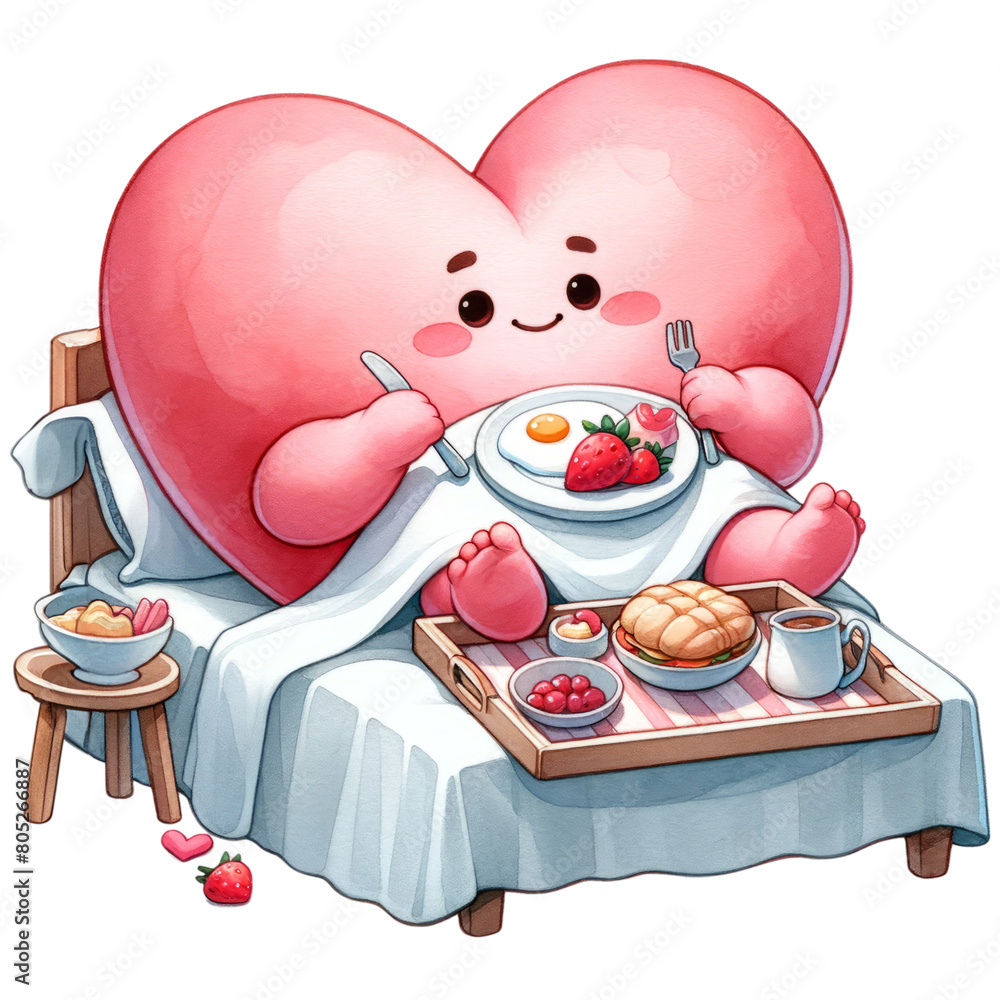 Start your day with a yummy breakfast in bed. Cute cartoon heart ...