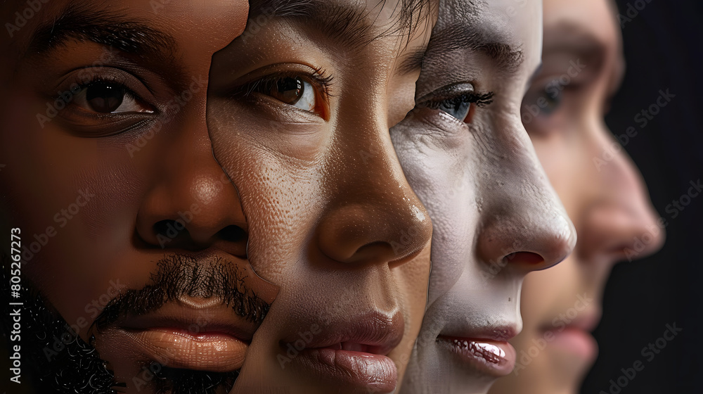 Human face made from different portrait of men and women of diverse age ...
