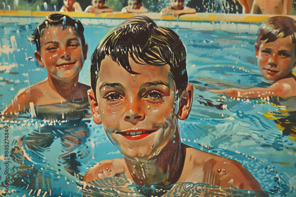 Vintage summer pool fun. Retro style photography of children swimming ...
