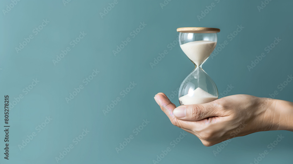 Time Flowing: Hand Holding Hourglass Against Blue Background Stock ...