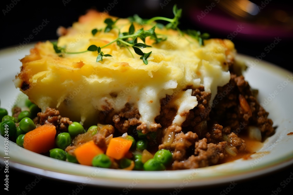 Steaming Stepherds pie closeup. Baked meal lamb cuisine plate. Generate ...