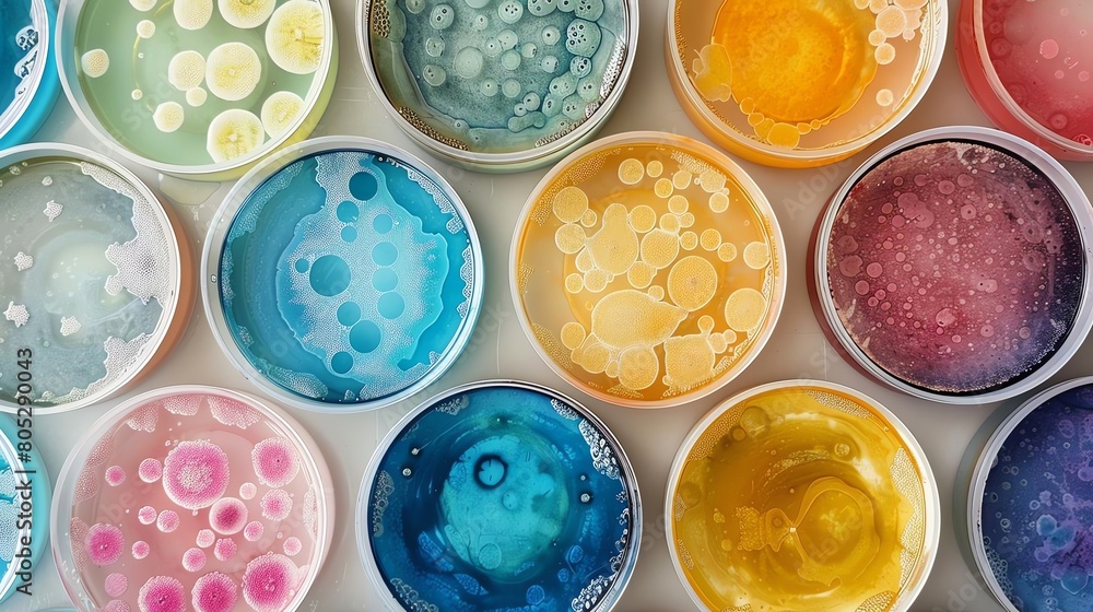 bacterial colonies growing on agar plates in various hues and patterns ...