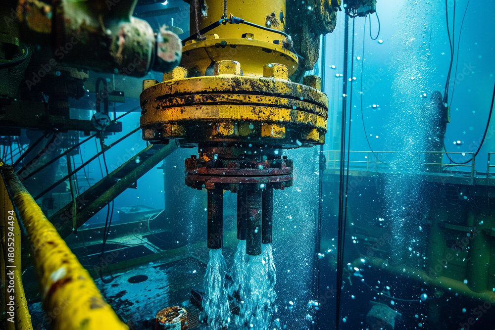 Underwater view of a blowout preventer, with drill bits and casing ...