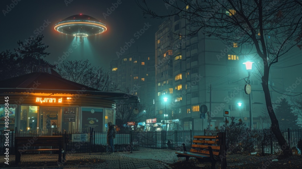 Alien flying saucer or UFO Floating over the city at night floating ...