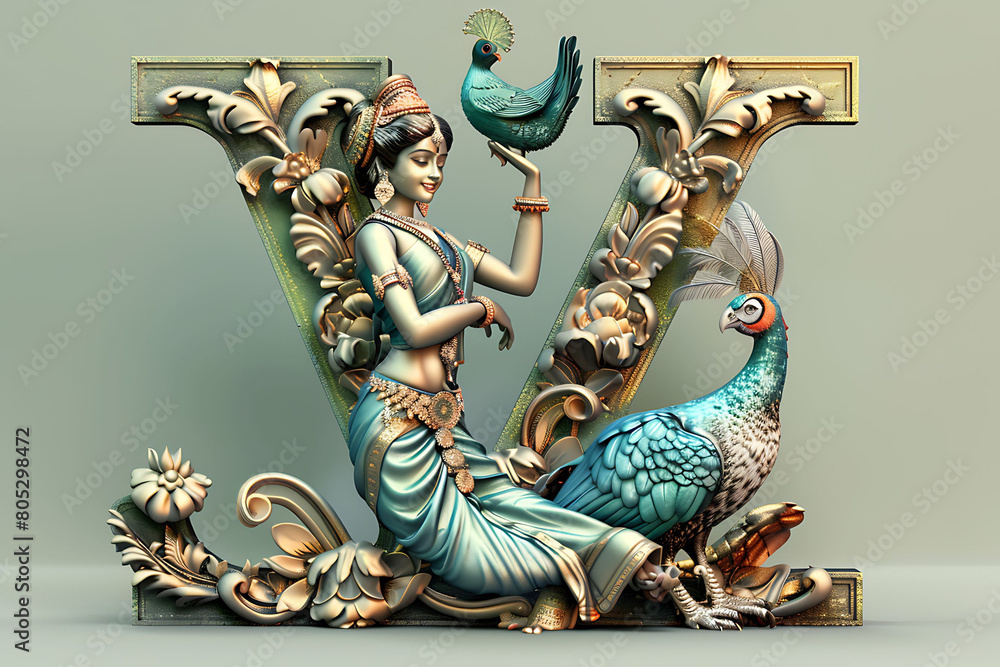 Colorful alphabet capital letter V made with Hindu God with peacock ...