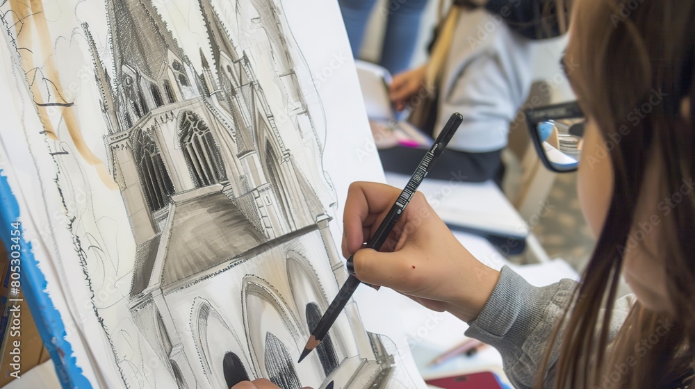 Art history class, close-up on student sketching European cathedral ...