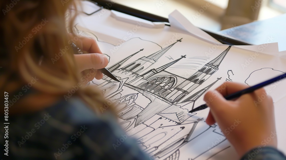 Art history class, close-up on student sketching European cathedral ...