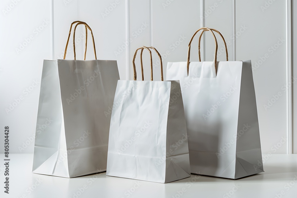 Minimalist, versatile composition three white paper bags of varying ...