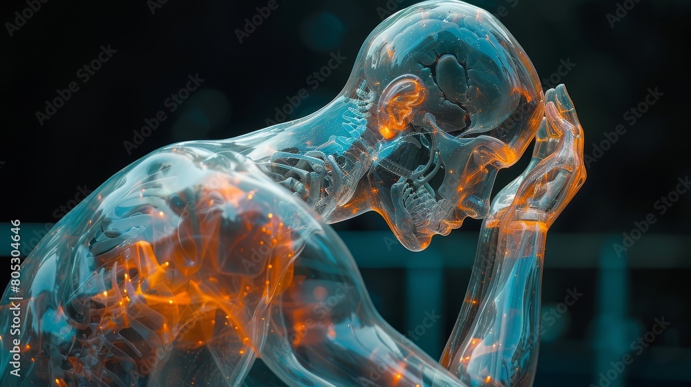 A striking depiction of a human figure with a translucent anatomy in a ...