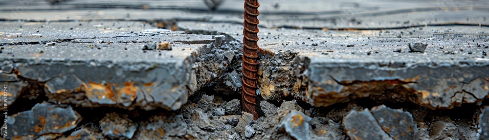 Rebar emerging from cracked concrete, Depicting overcoming challenges ...