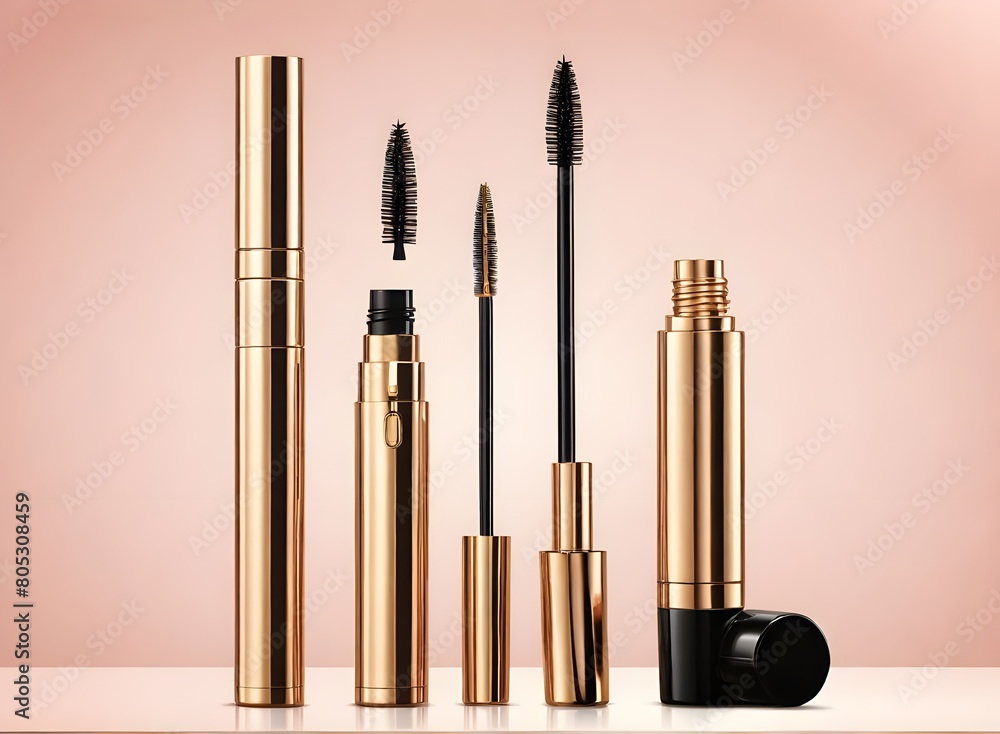 Set of realistic vector golden Mascara Bottles. Brush and mascara tube ...