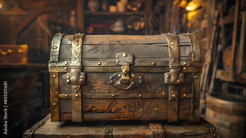 Locked mystery wooden treasure chest with golden lock and metal corners ...