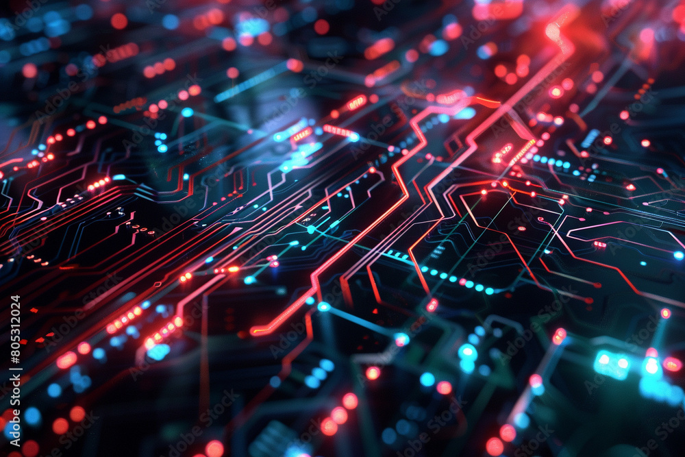 The image is a circuit board with red and blue lights. The circuit ...